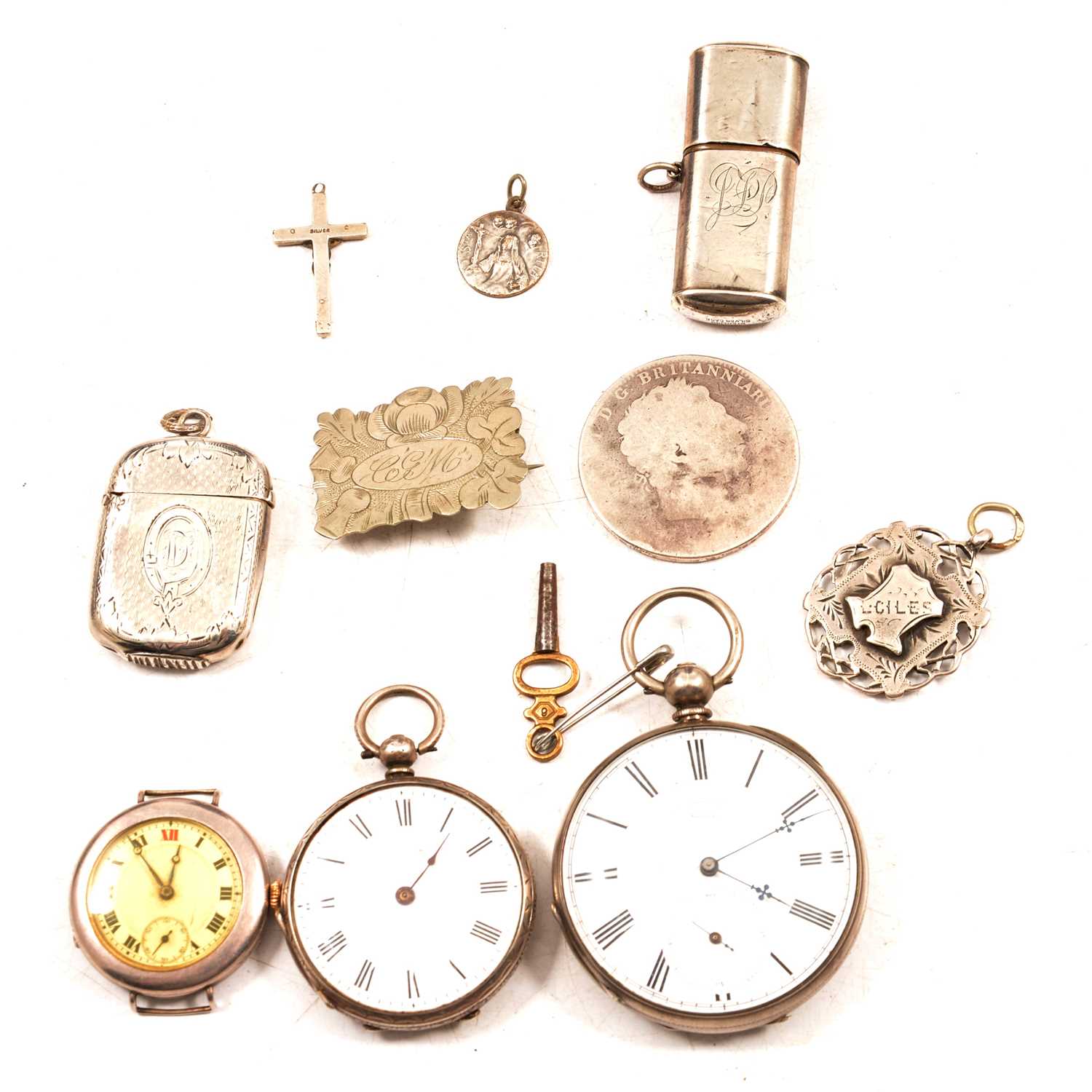 Lot 340 - Silver pocket watch, wristwatch, fob, vesta