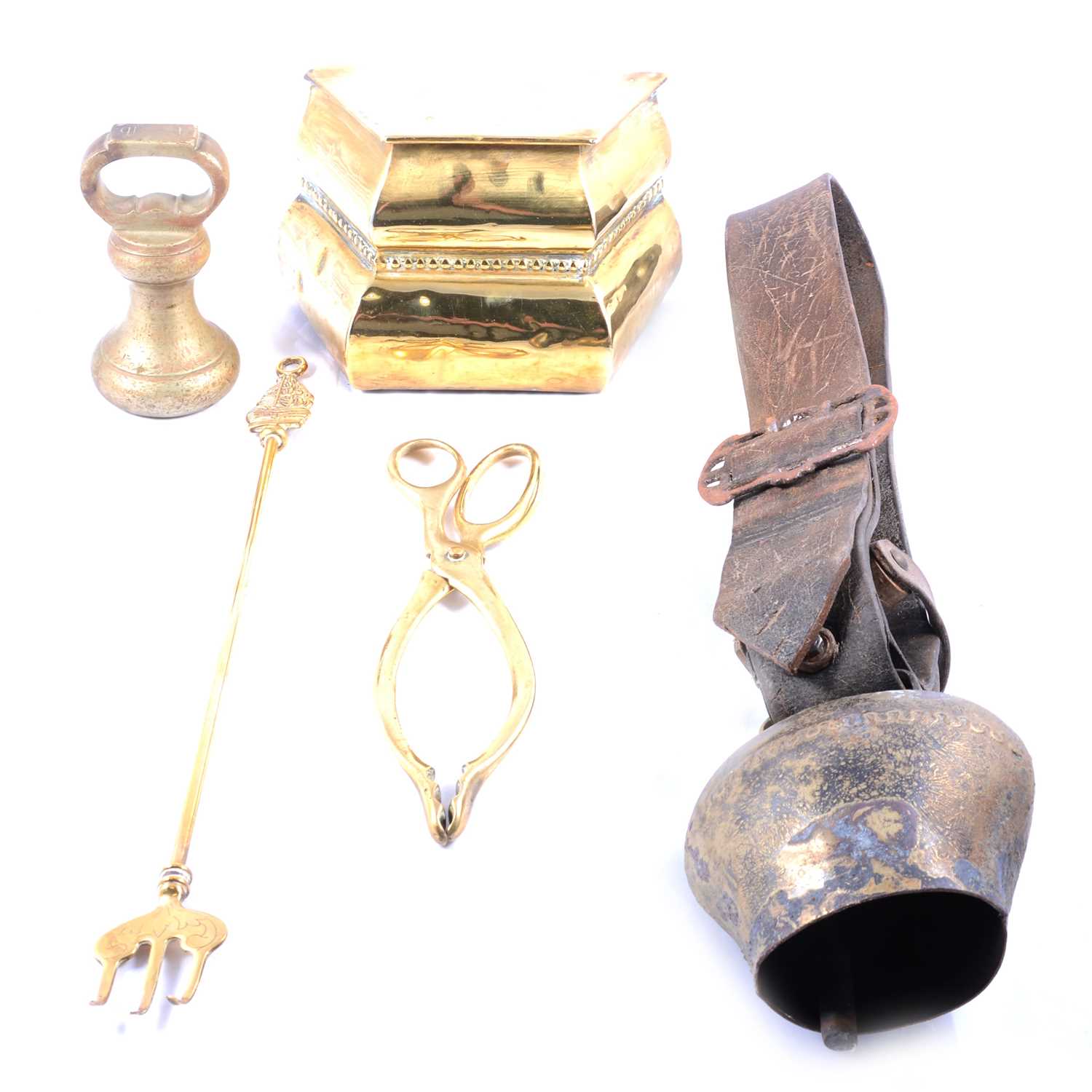 Lot 163 - Large Swiss cowbell, kettle, bell weights,